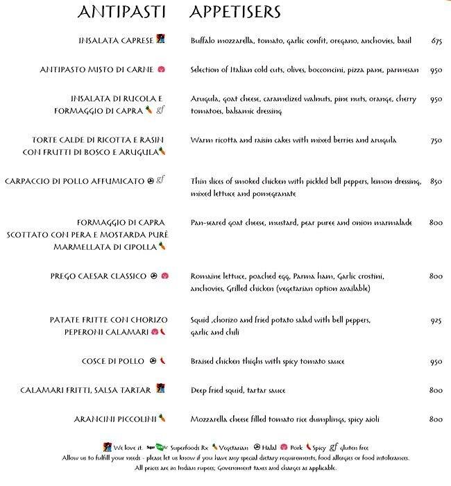 Prego - The Westin Mumbai Garden City Menu - Zomato