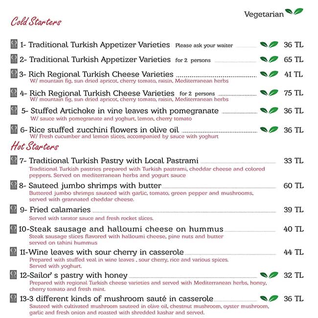 Menu at Peninsula, Istanbul