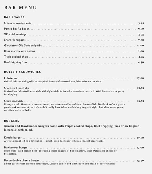 Menu at Hawksmoor Seven Dials pub & bar, London, 11 Langley St