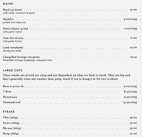 Menu at Hawksmoor Seven Dials pub & bar, London, 11 Langley St