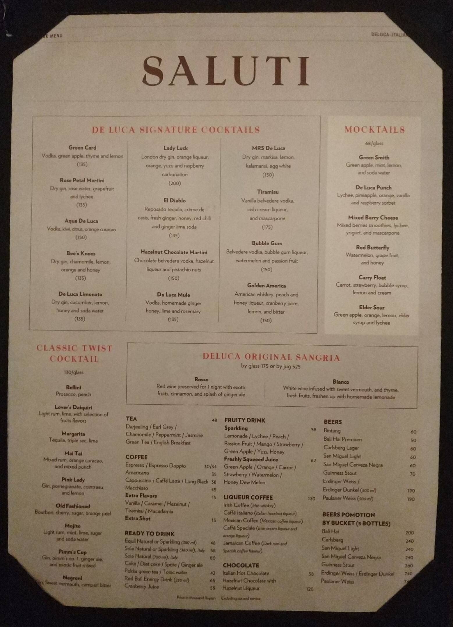 Menu at De Luca restaurant, Jakarta