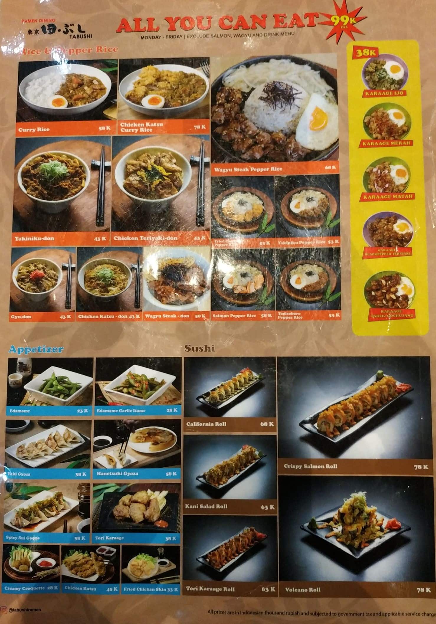 Menu at Tokyo Ramen Tabushi Aeon Mall restaurant, Tangerang