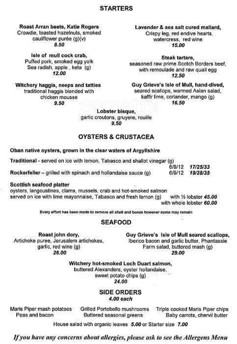 Menu at The Witchery by the Castle restaurant, Edinburgh