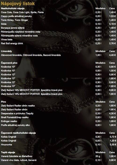 Menu at Face Club, Bratislava