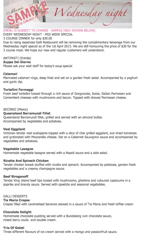 Menu at Galli Restaurant, Plumpton, Melton Hwy