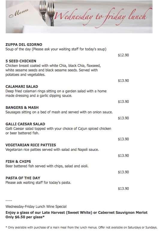 Menu at Galli Restaurant, Plumpton, Melton Hwy