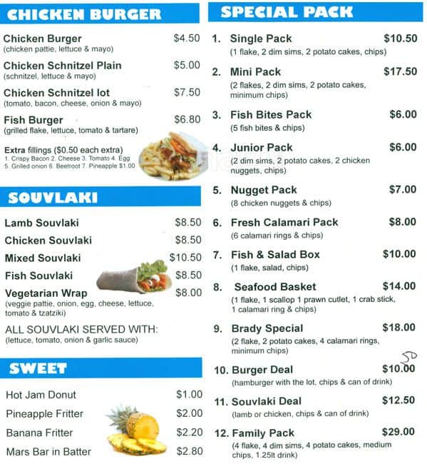 Menu at Brady Road Fish N Chippery restaurant, Dandenong North