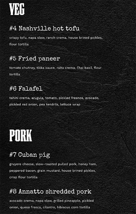 Menu at Velvet Taco restaurant, Fort Worth, W 7th St