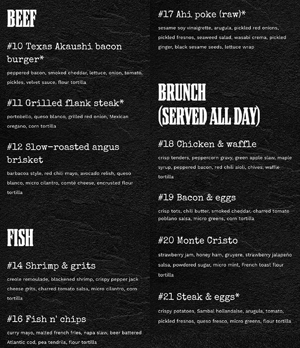 Menu at Velvet Taco restaurant, Fort Worth, W 7th St