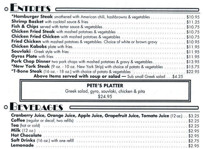 Menu at Pete's Kitchen restaurant, Denver