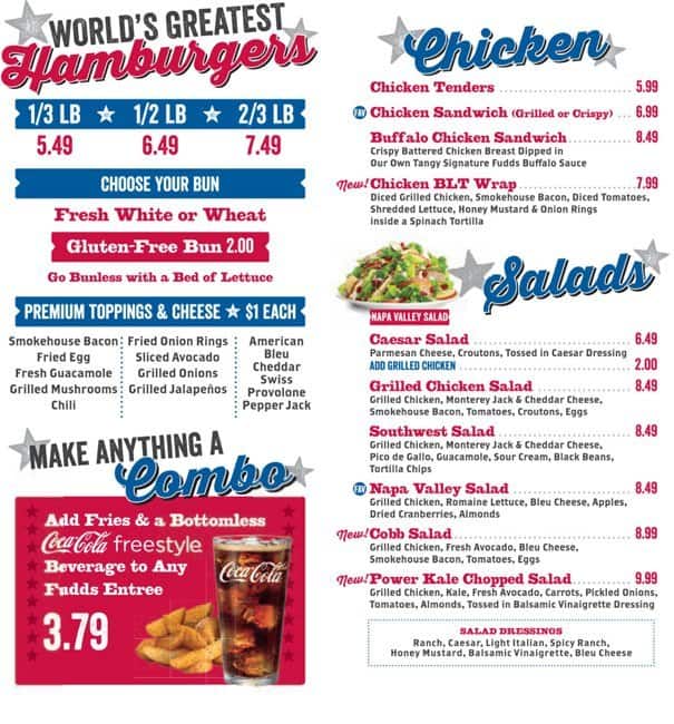 Menu at Fuddruckers restaurant, San Antonio, 115 Alamo Plaza