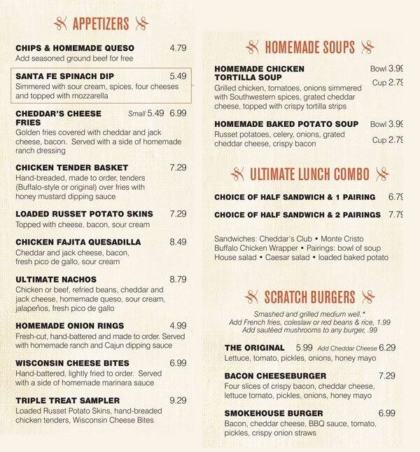 Cheddar's Scratch Kitchen Menu - Urbanspoon/Zomato