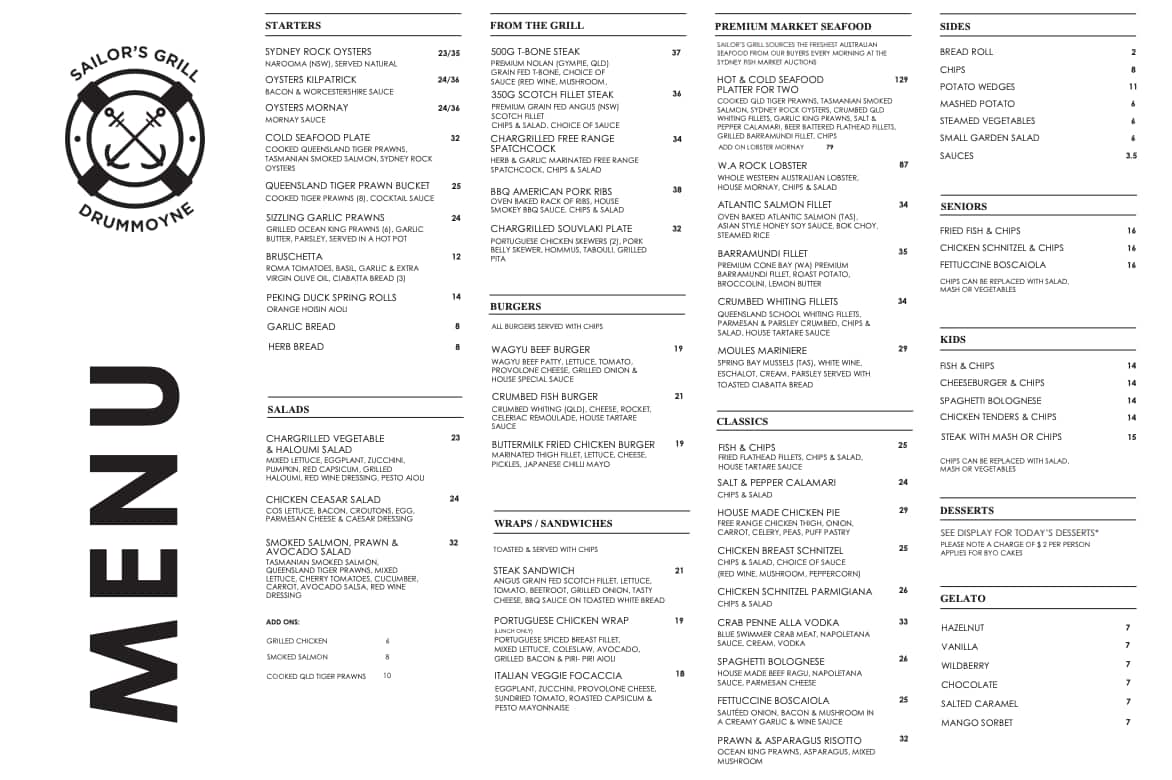 Menu at Sailor's Grill Drummoyne pub & bar, Drummoyne