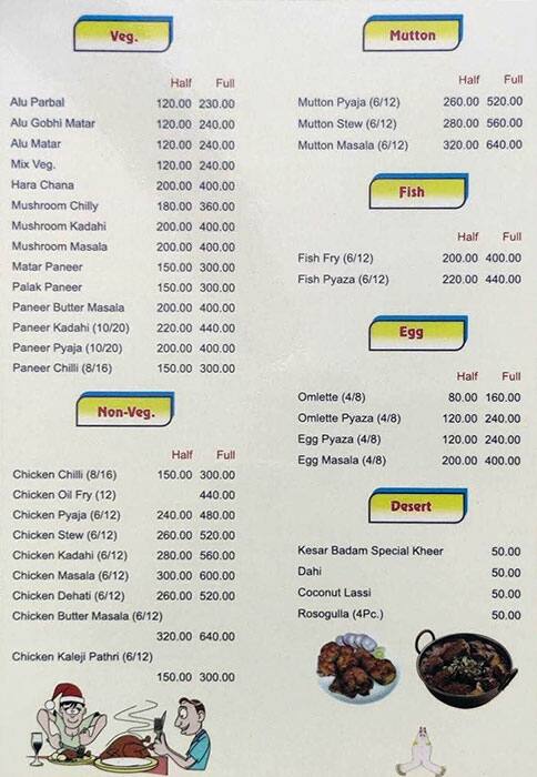 Menu at Pappu dhaba, Patna