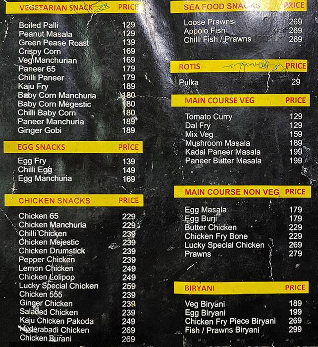 Menu of Lucky Bar & Restaurant, Nizampet, Hyderabad