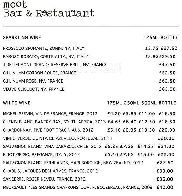Menu at Moot Bar & Restaurant, London