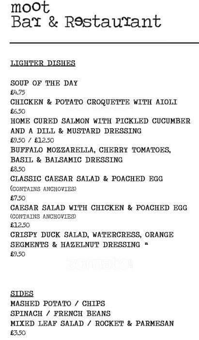 Menu at Moot Bar & Restaurant, London