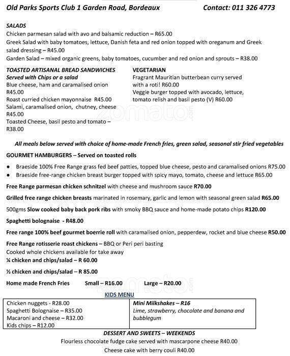 Menu at Rustic Cafe, Randburg, Old Parks Sports Club