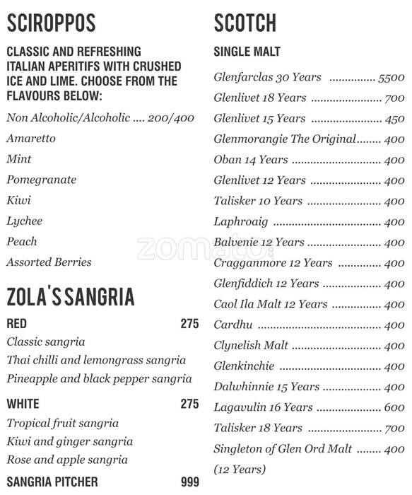 Menu at Zola's, Chandigarh