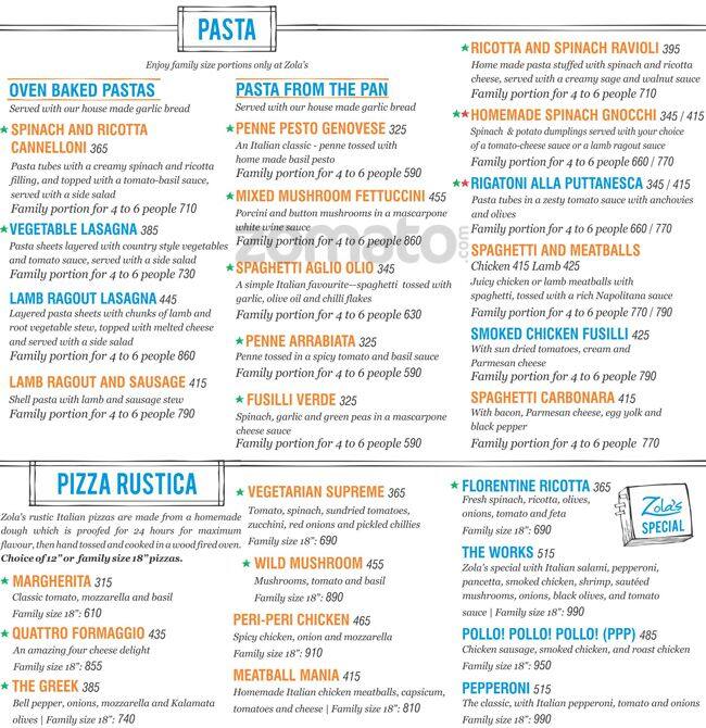Menu at Zola's, Chandigarh