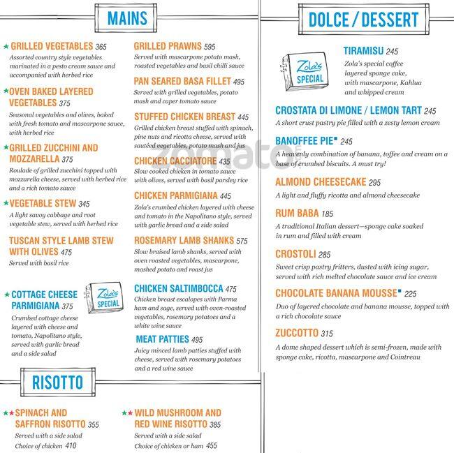 Menu at Zola's, Chandigarh