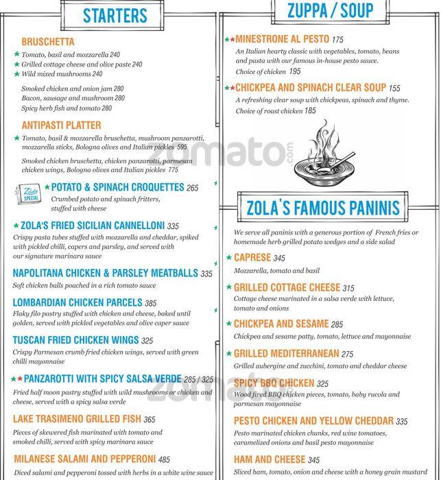 Menu at Zola's, Chandigarh
