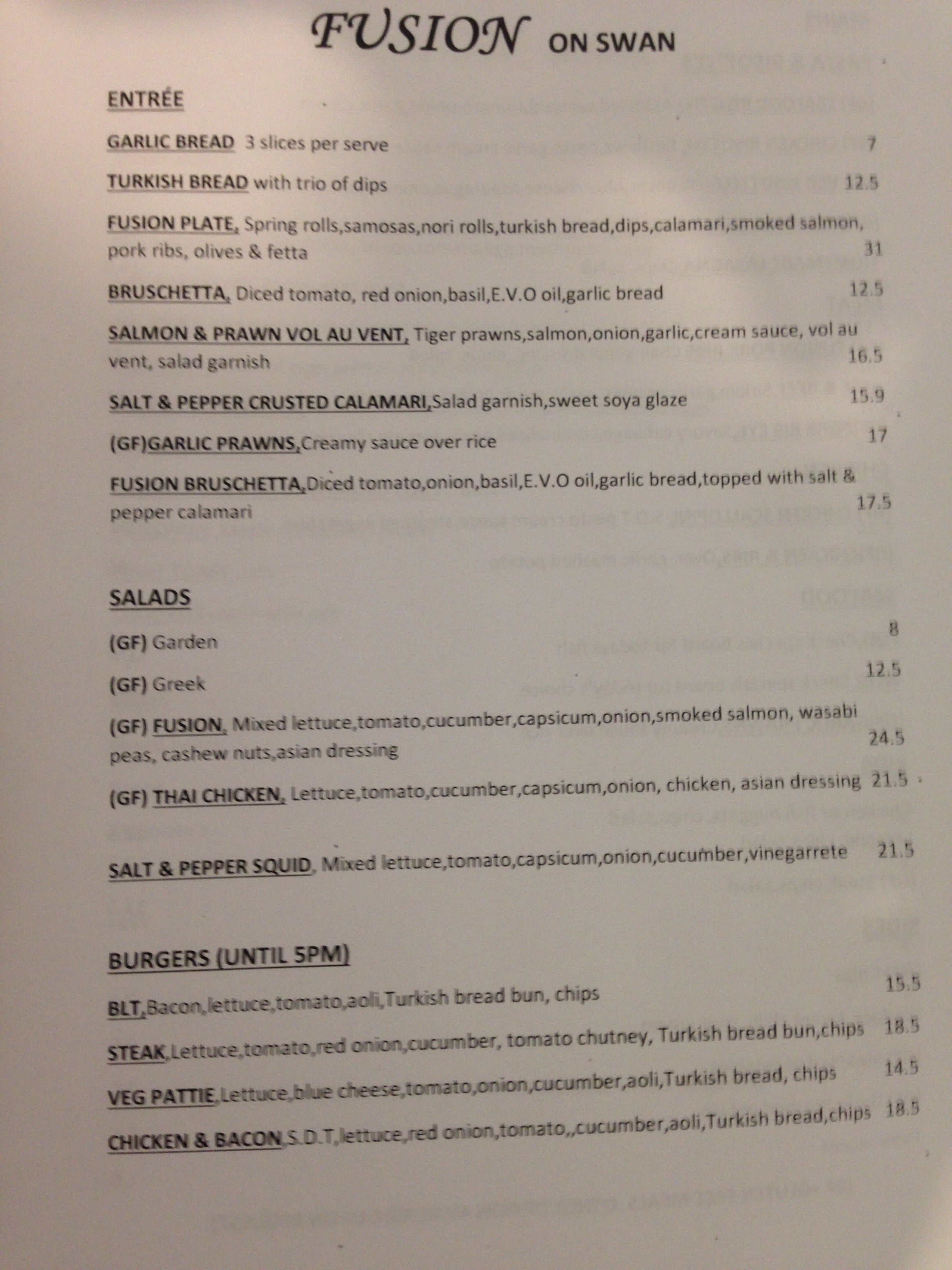 Menu at Fusion on Swan restaurant, West Swan
