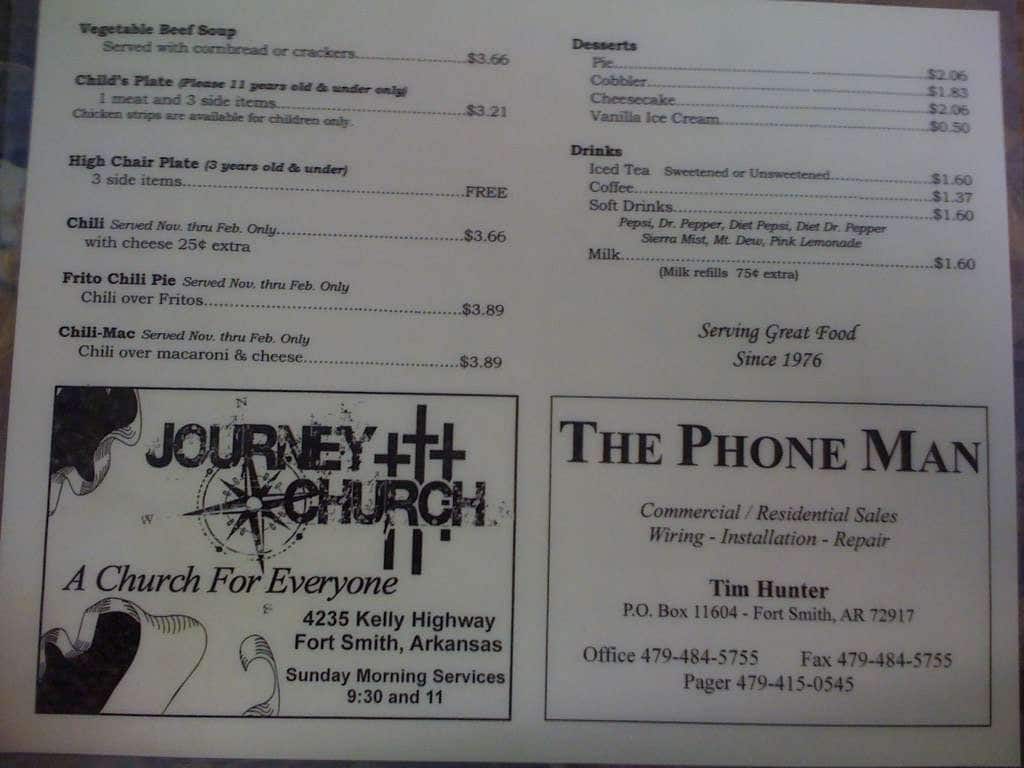 Menu at Eunice's restaurant, Fort Smith