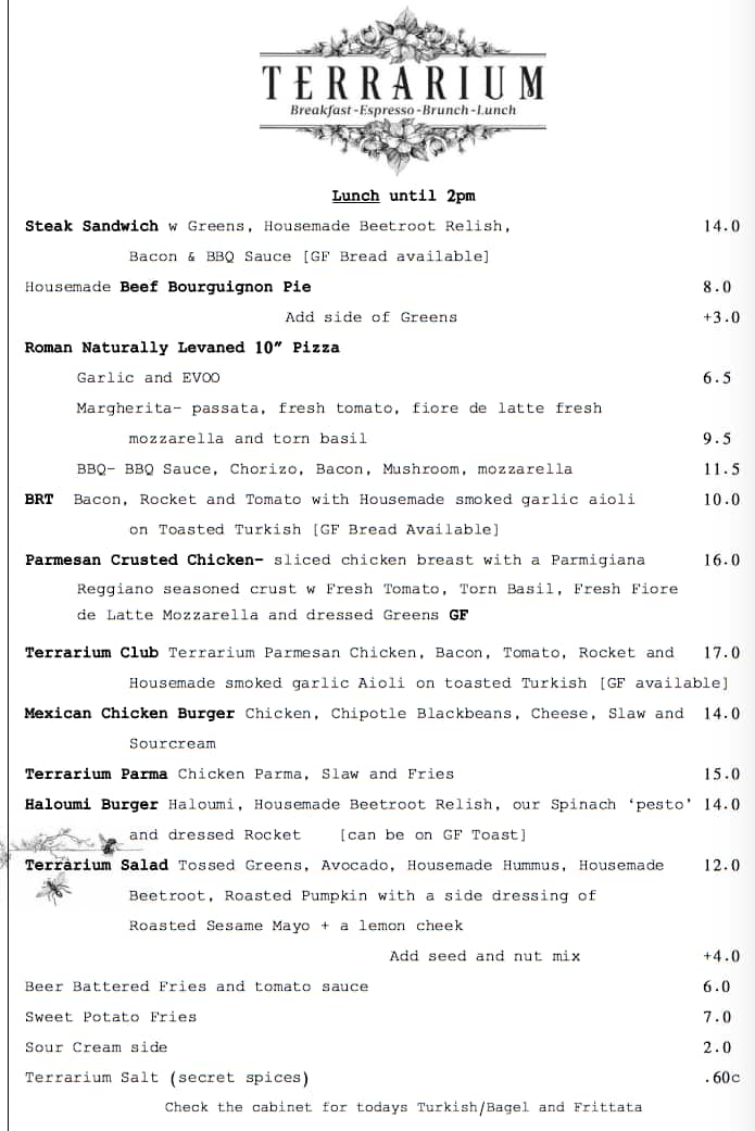 Menu at Terrarium cafe, Gold Coast