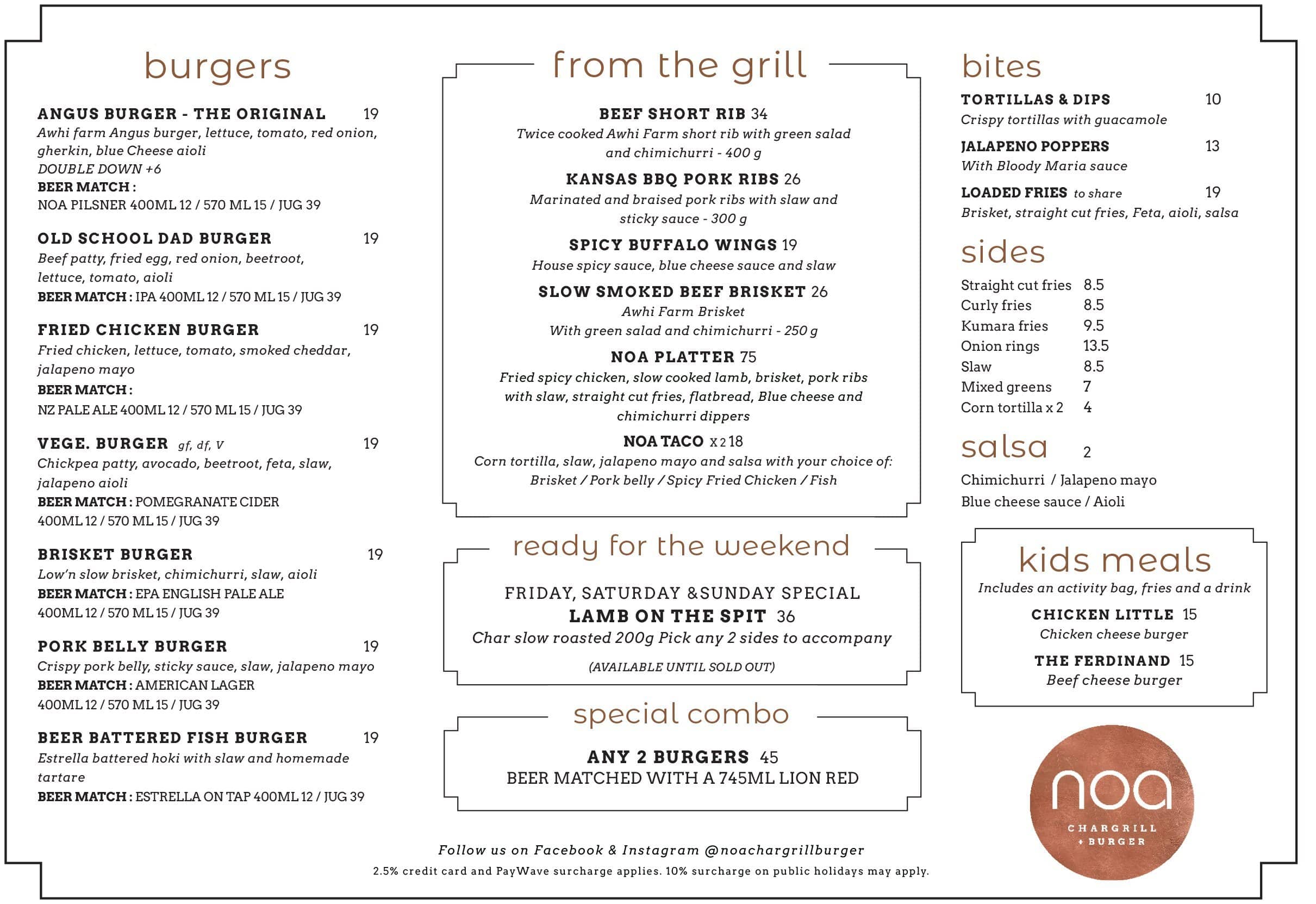 Menu at NOA Chargrill + Burger BBQ, Auckland