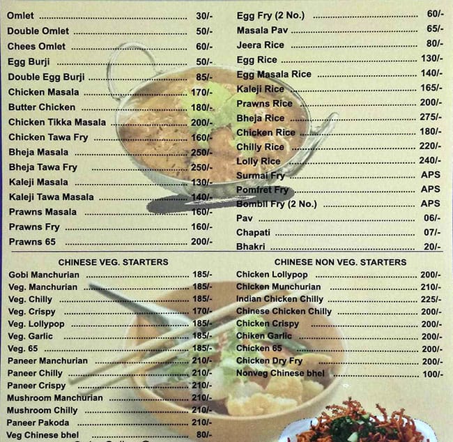 Menu of Bandya's Katta, Dadar West, Mumbai