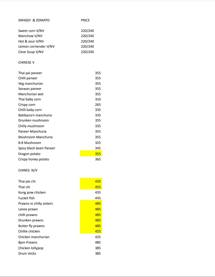 Menu of Cosmic House, Siripuram, Vizag