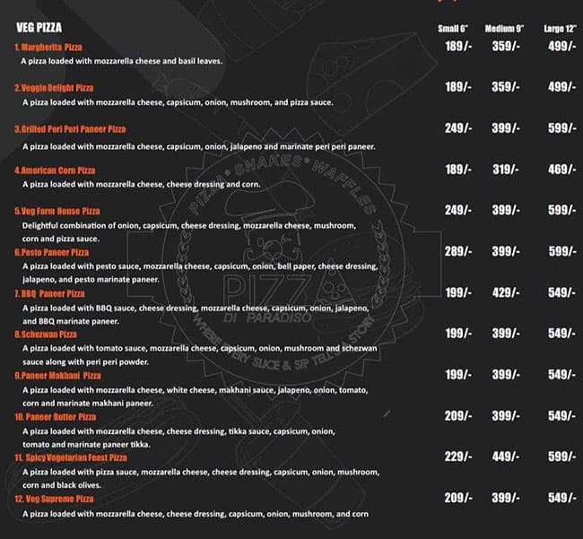 Menu of Pizza Di Paradiso, Manikonda, Hyderabad