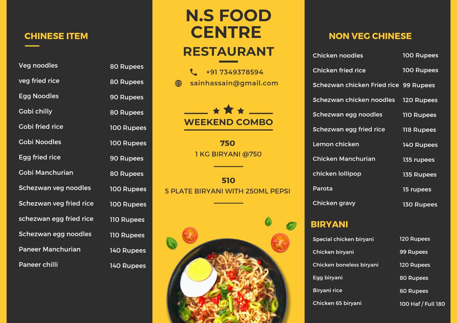 Menu of NS Food Centre, Frazer Town, Bangalore