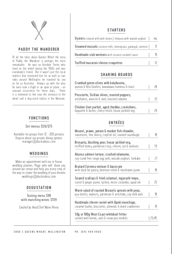 Menu at Dockside Restaurant & Bar, Wellington, 3 Queens Wharf