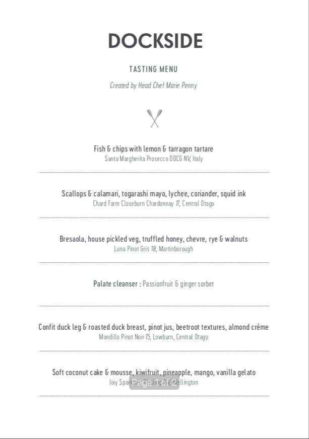 Menu at Dockside Restaurant & Bar, Wellington, 3 Queens Wharf