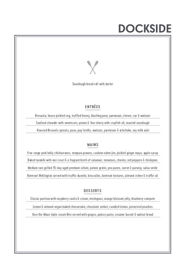 Menu at Dockside Restaurant & Bar, Wellington, 3 Queens Wharf