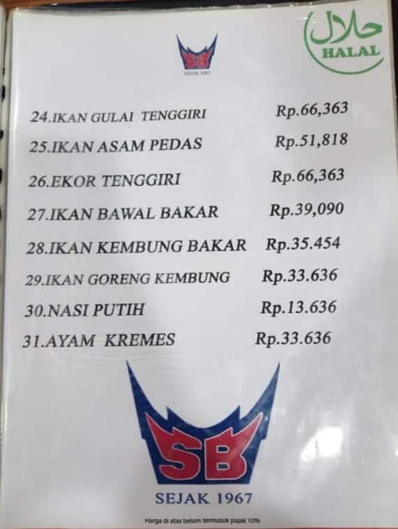Menu at Sari Bundo restaurant, Jakarta, Jl. Ir. H. Juanda No.27
