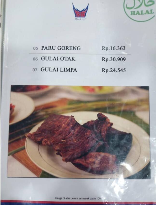 Menu at Sari Bundo restaurant, Jakarta, Jl. Ir. H. Juanda No.27