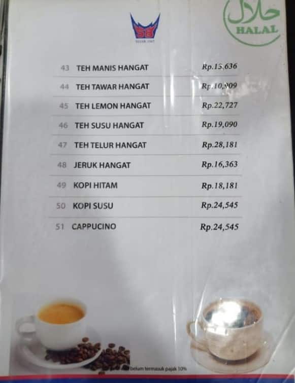 Menu at Sari Bundo restaurant, Jakarta, Jl. Ir. H. Juanda No.27