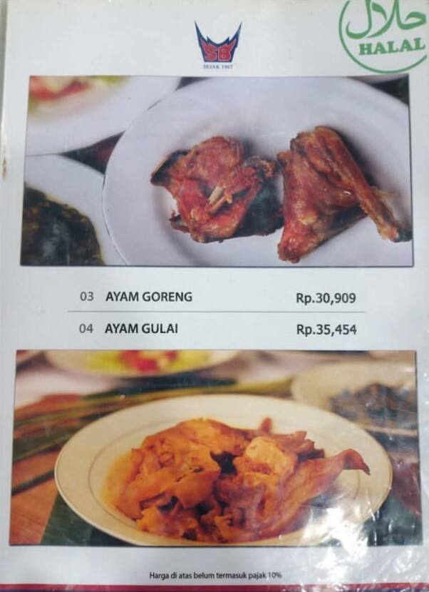 Menu at Sari Bundo restaurant, Jakarta, Jl. Ir. H. Juanda No.27