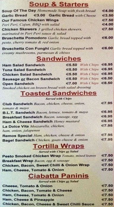 Menu at Remos Cafe, Balbriggan