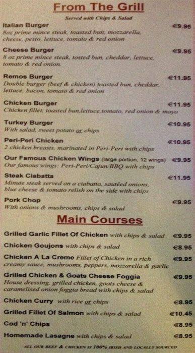 Menu at Remos Cafe, Balbriggan