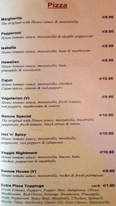 Menu at Remos Cafe, Balbriggan