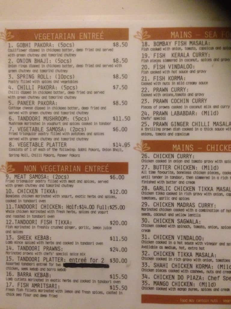 Menu at Rammy Dessert Indian Restaurant, Maryborough