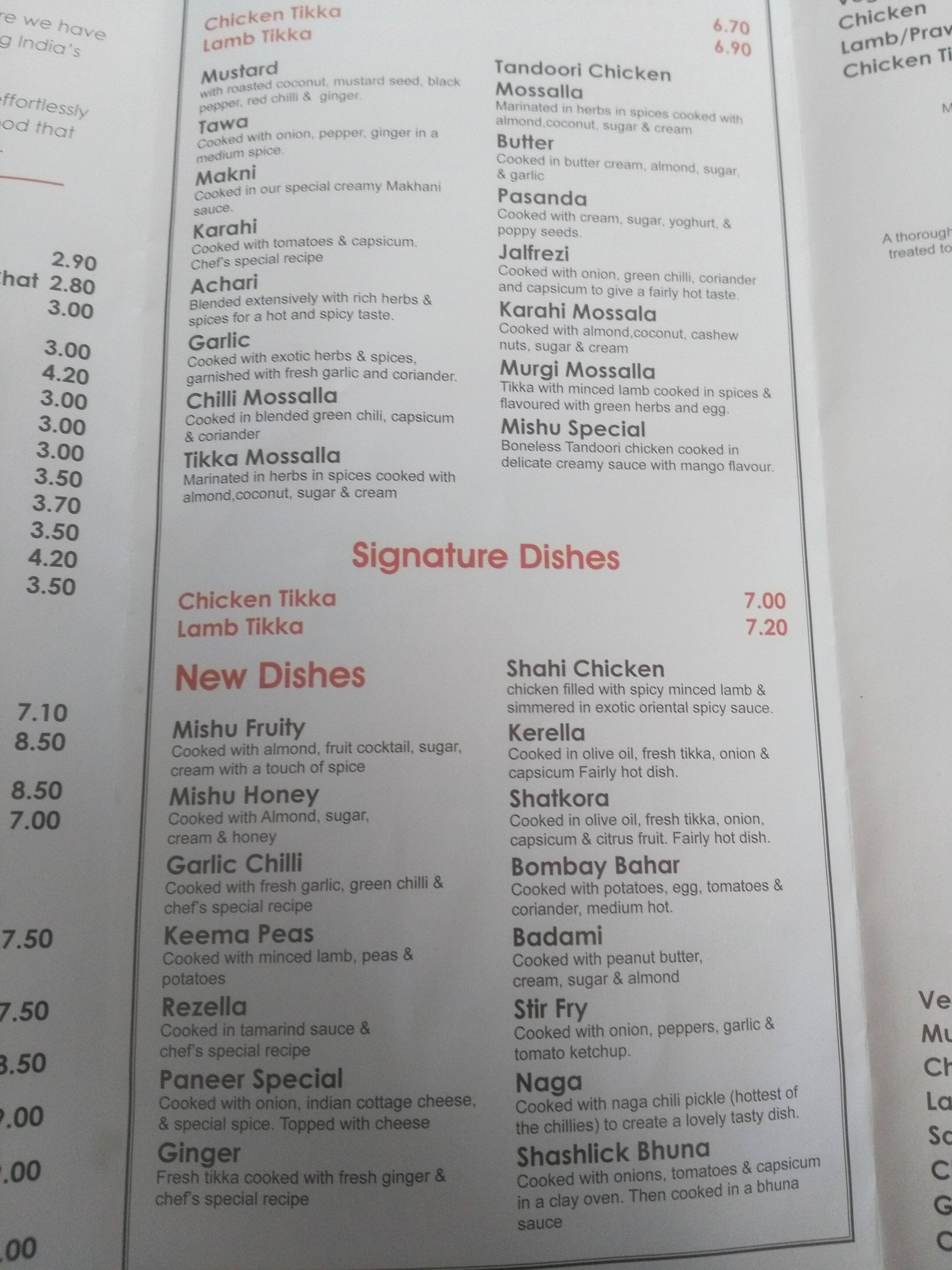 Menu at Mishu Tandoori Balti Restaurant & Takeaway, Telford