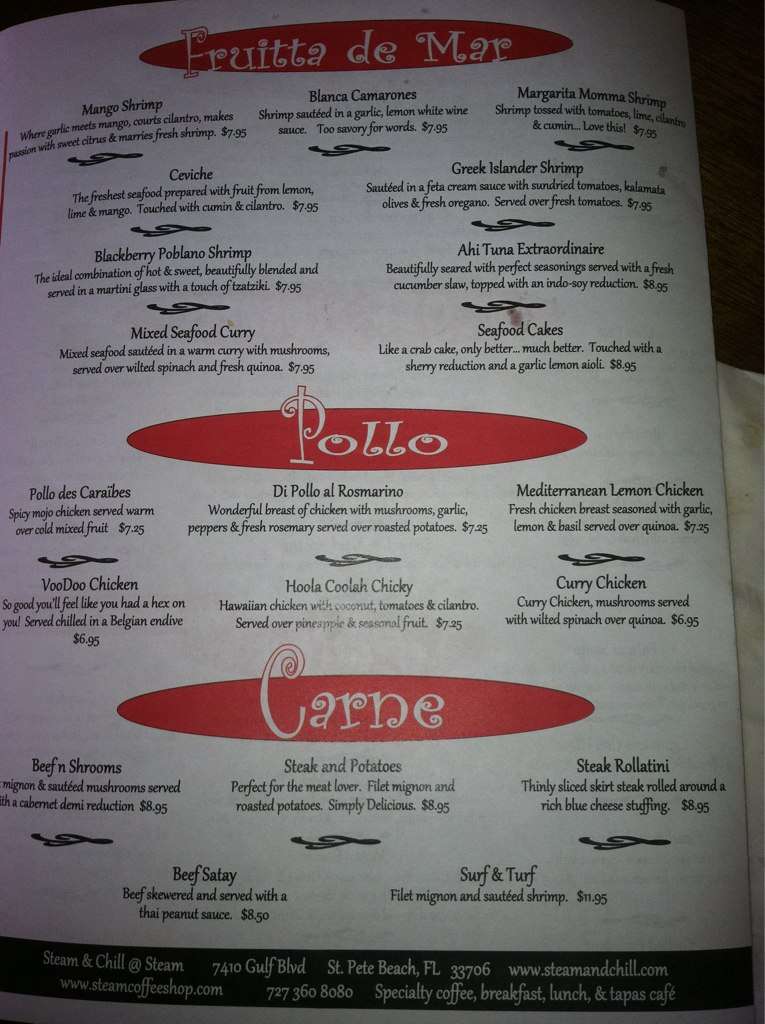 Menu at Chill Restaurant & Bar, Saint Pete Beach, 357 Corey Ave