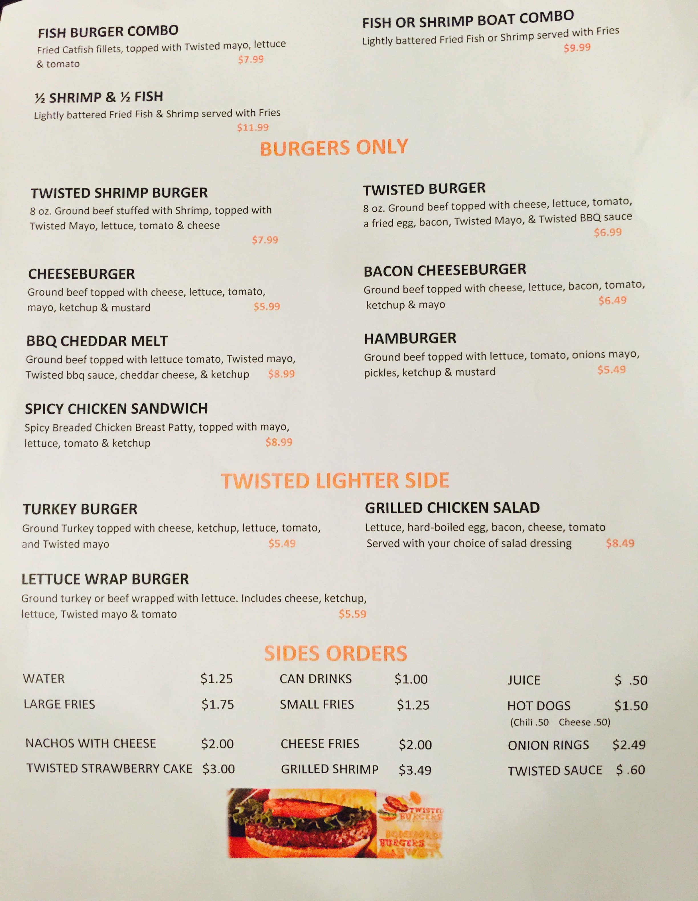 Menu at Twisted Burgers restaurant, Gonzales