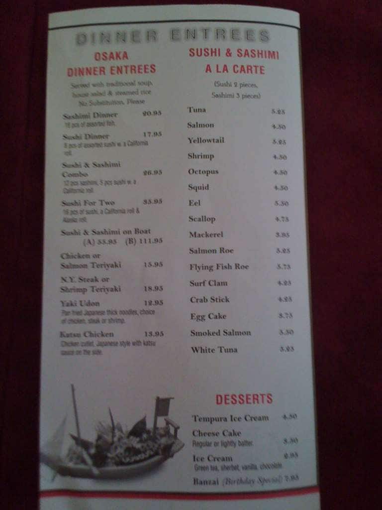 Menu at Osaka Japanese Steakhouse, Beavercreek
