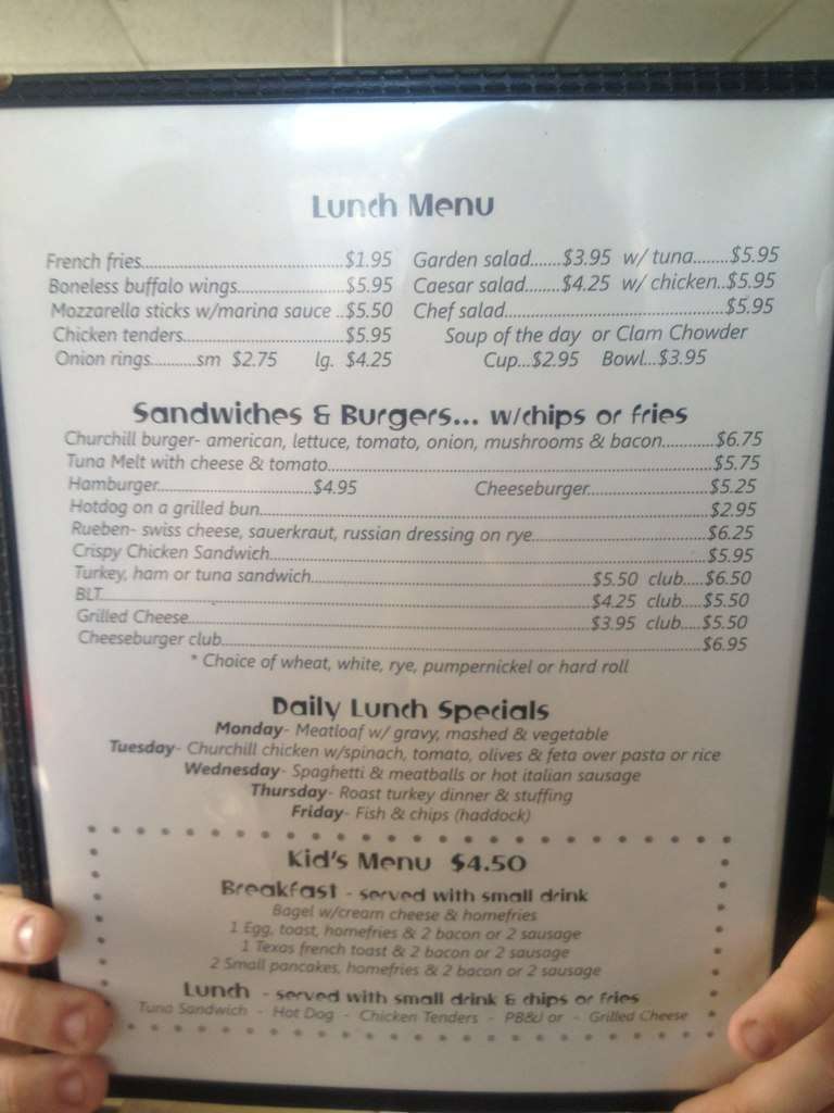 Menu at Churchill's Village Eatery restaurant, Sturbridge
